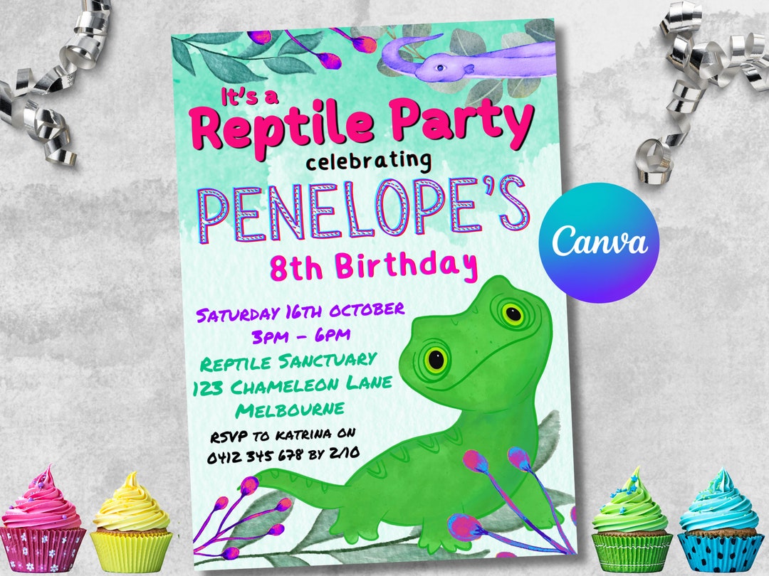 Editable Reptile Birthday Party Invitation, Gecko, Lizard, Frog, Snake ...