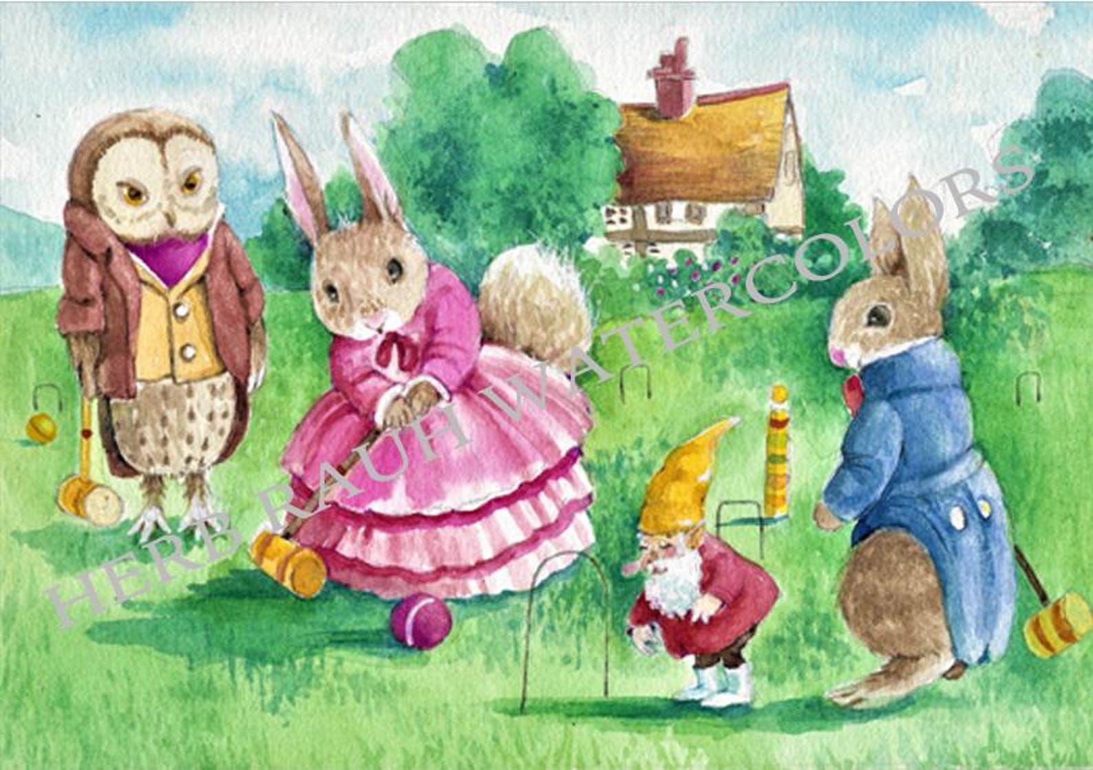 Croquet, Animal Lawn Play Scene Watercolor Print - Etsy