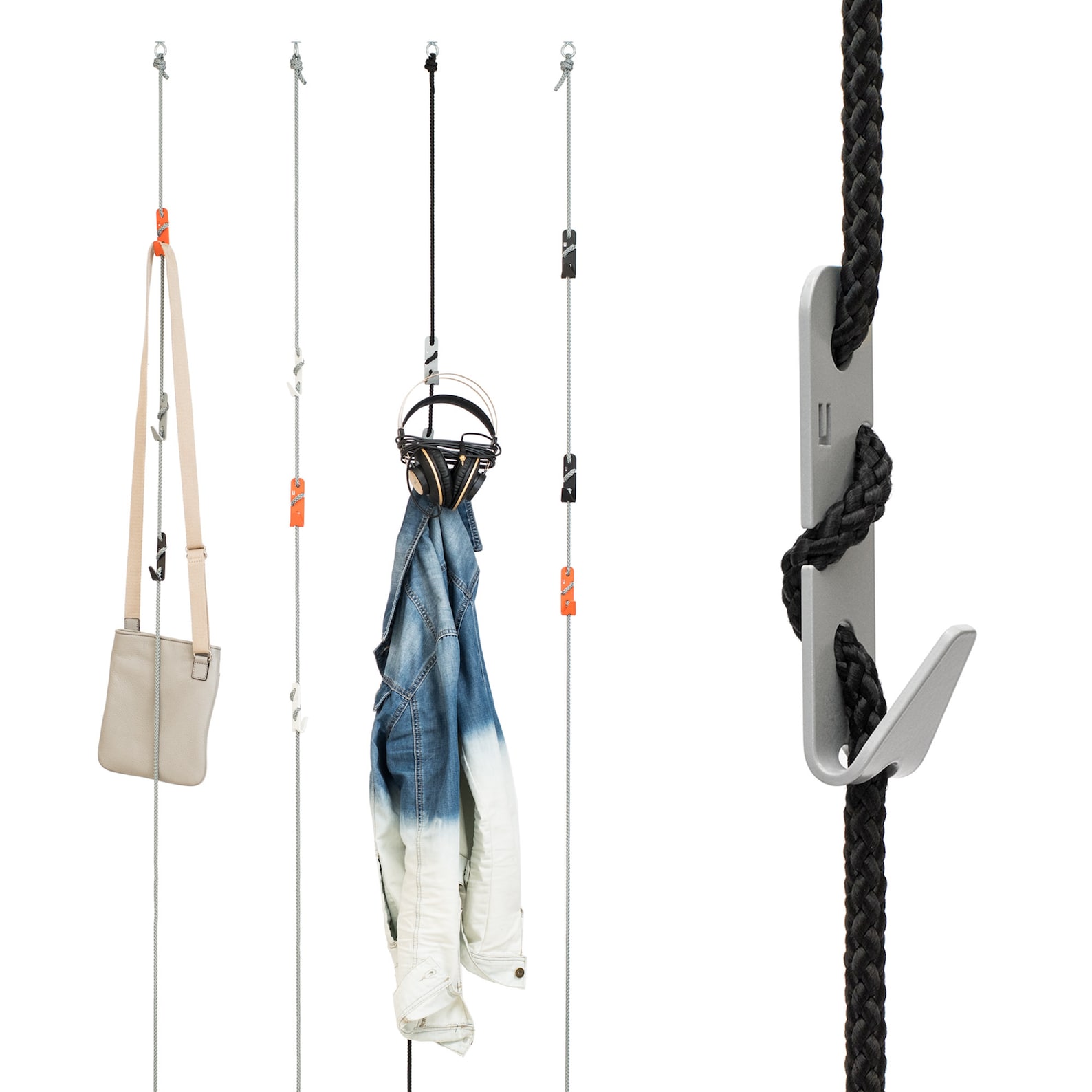Design Coat Hooks THE ROPEHOOKS Grey Hooks on Black Rope Ceiling Mount ...