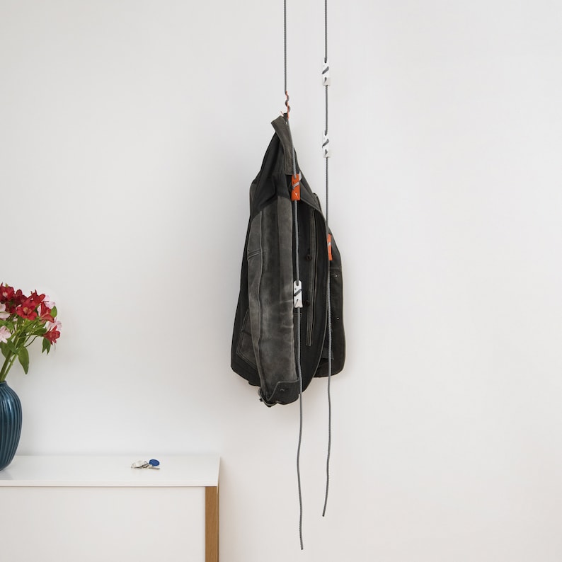 Design Coat Hooks THE ROPEHOOKS Grey Hooks on Black Rope Ceiling Mount ...