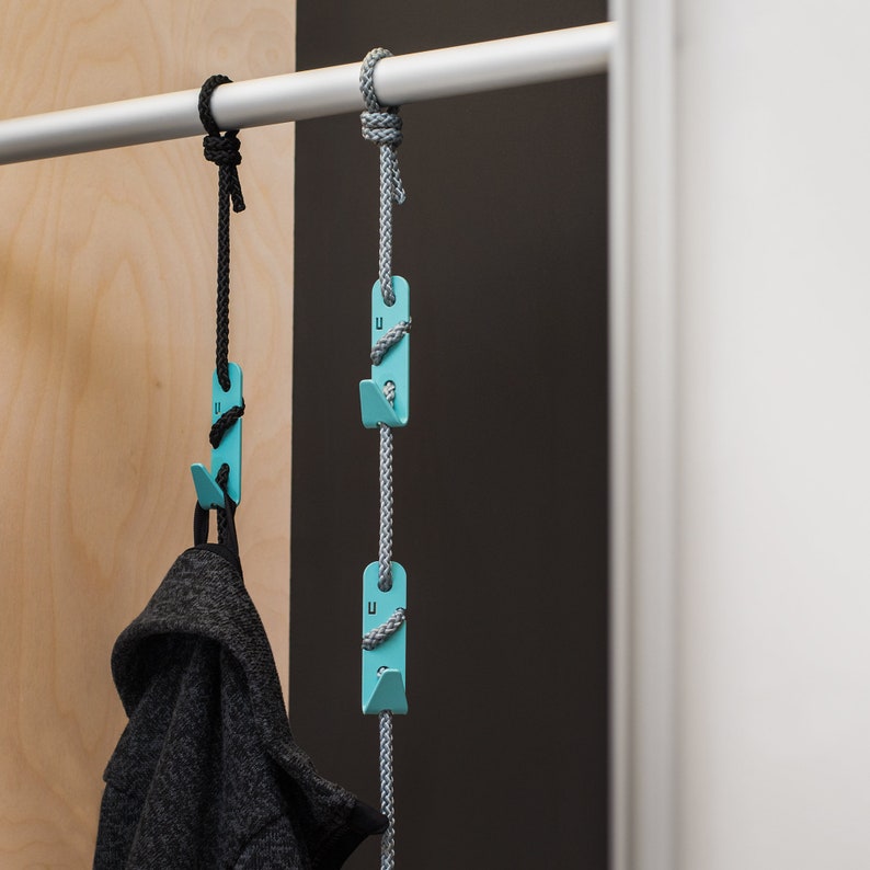 Design Coat Hooks THE ROPEHOOKS Grey Hooks on Black Rope Ceiling Mount ...