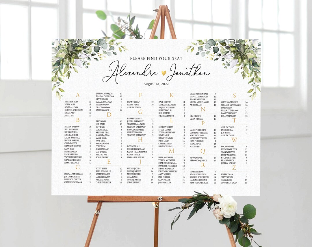 Greenery Wedding Seating Chart, Seating Chart Alphabetical, Wedding ...