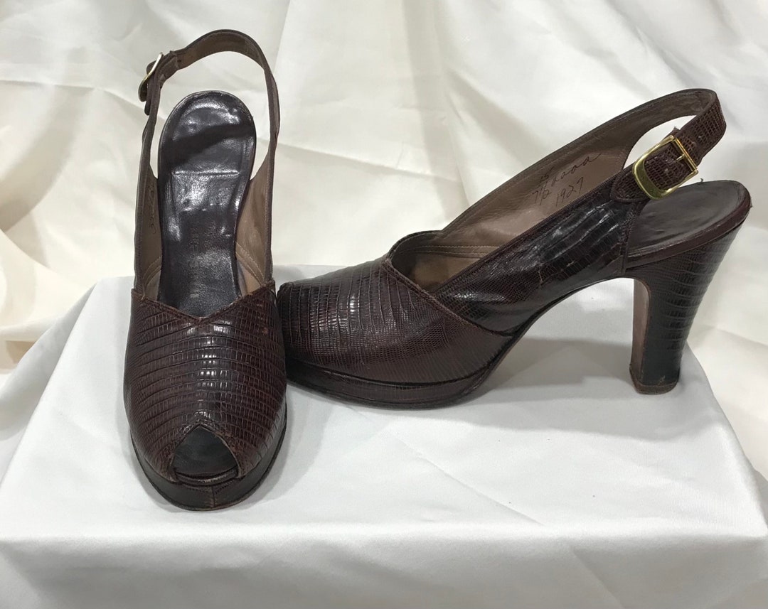 True Vintage 1940s Reptile Skin Sling Back Peep-toe Heels - Etsy