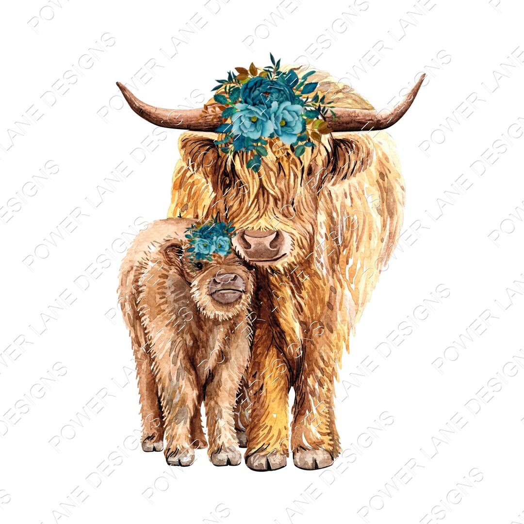 Highland Cow and Calf - Farmhouse - Teal Flower Crown - T-shirt Design ...