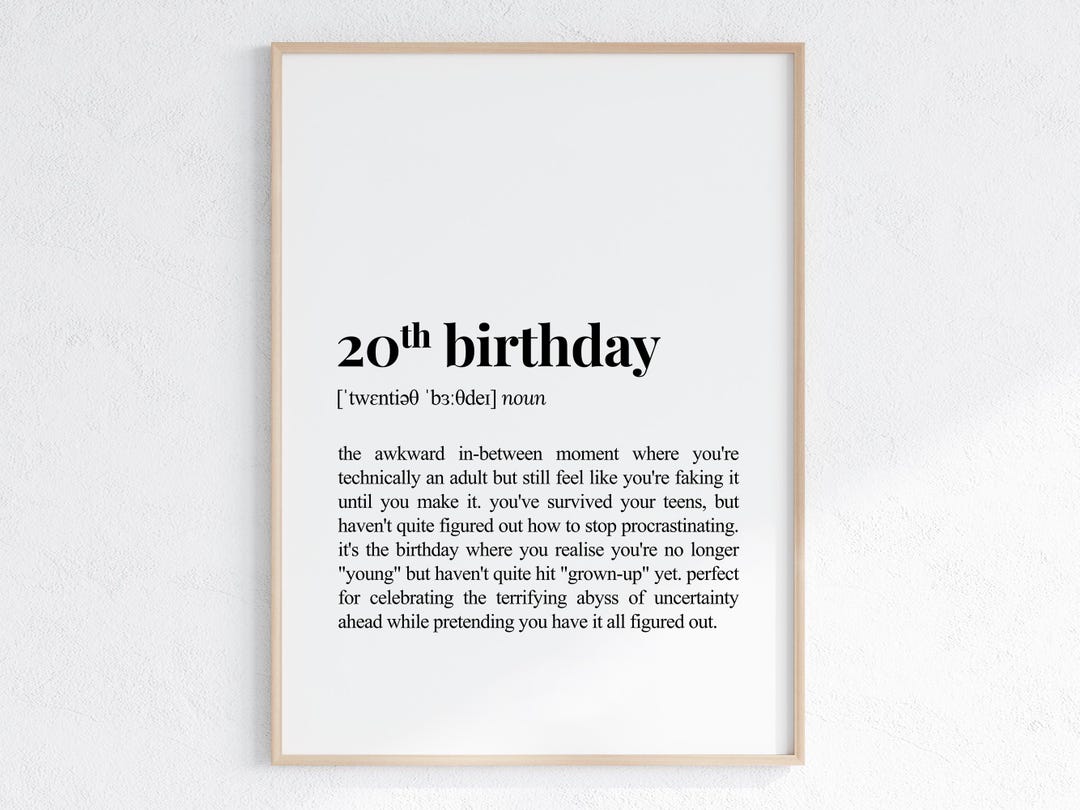 20th Birthday Definition Print, Sarcastic Dictionary Poster, Funny 20th ...