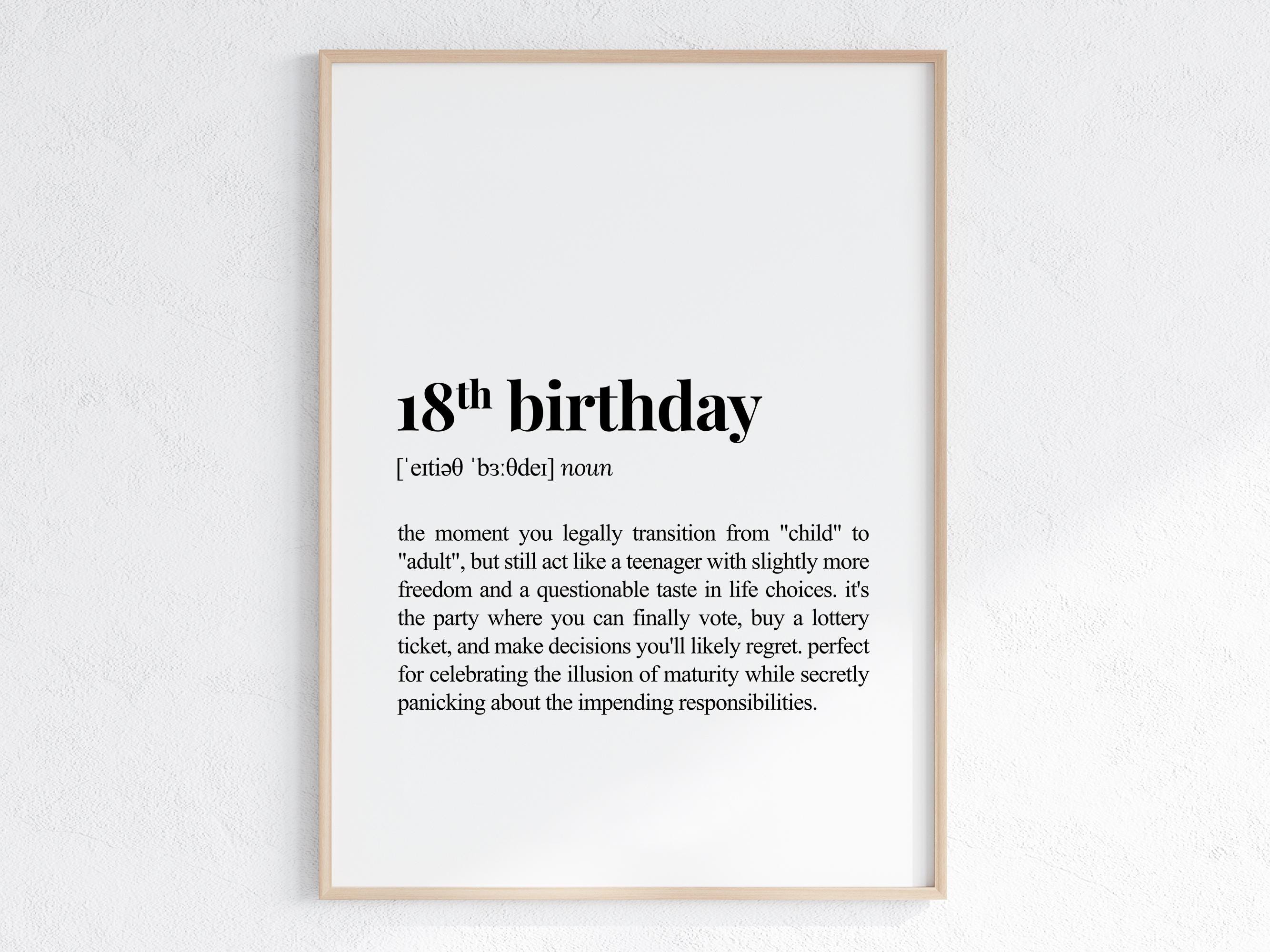 18th Birthday Definition Print, Sarcastic Dictionary Poster, Funny 18th ...