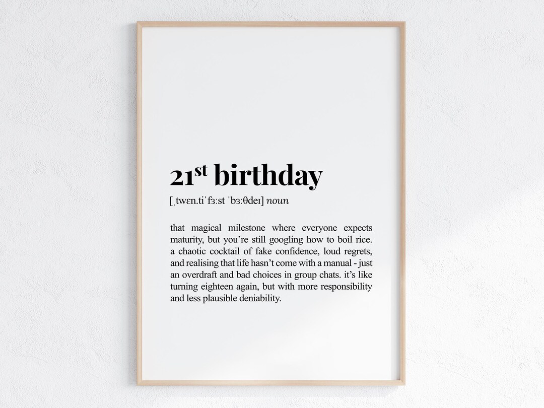 21st Birthday Definition Print, Sarcastic Dictionary Poster, Funny 21st ...