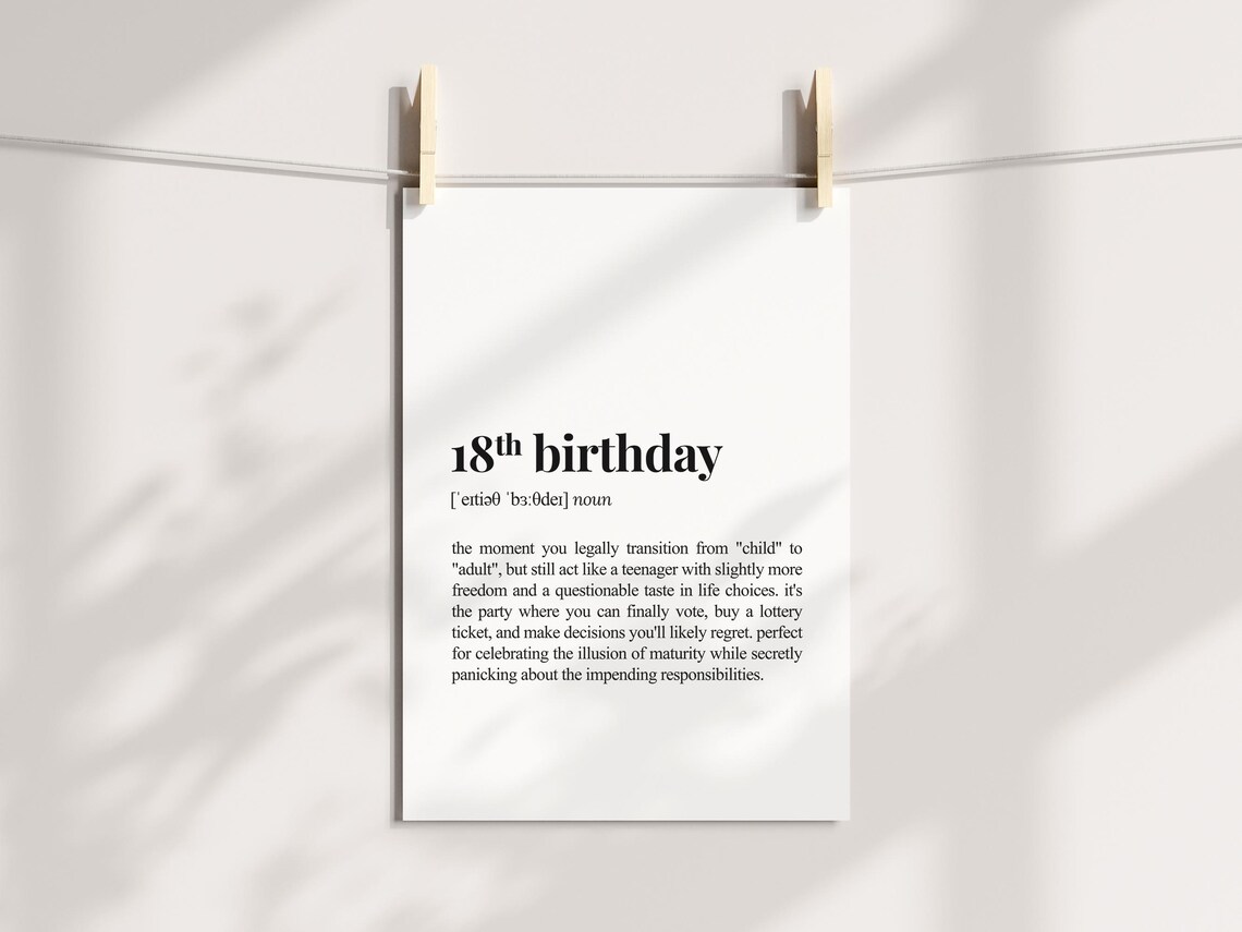 18th Birthday Definition Print, Sarcastic Dictionary Poster, Funny 18th ...