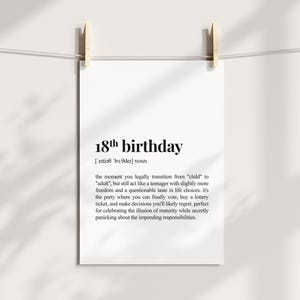 18th Birthday Definition Print, Sarcastic Dictionary Poster, Funny 18th ...