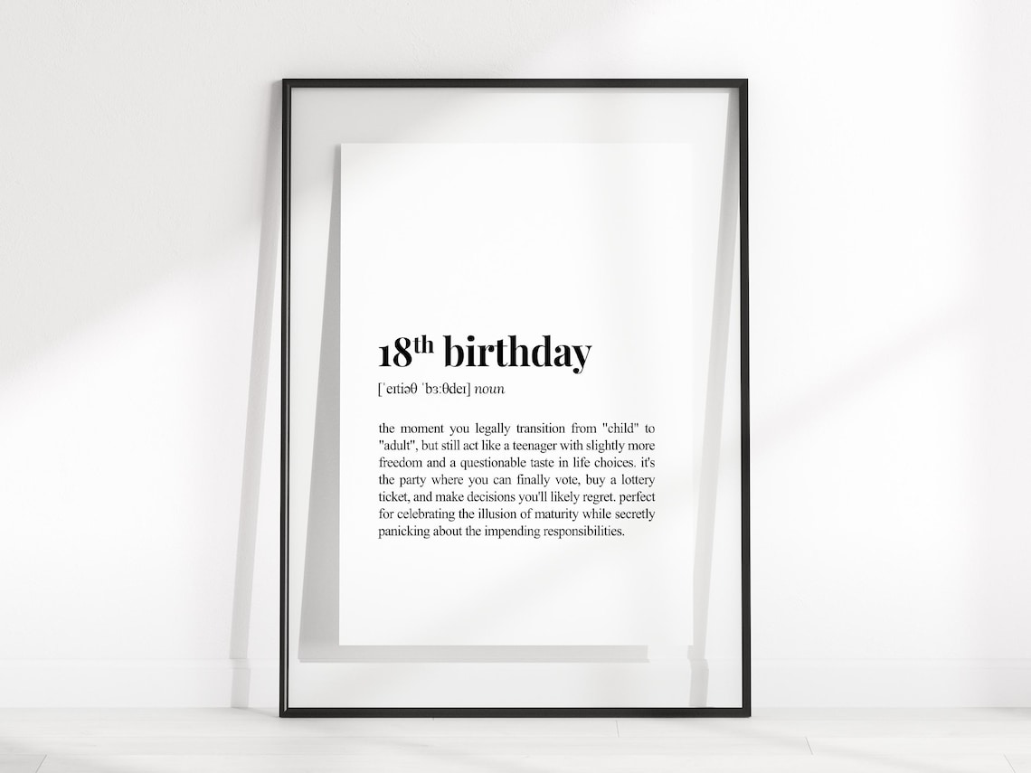 18th Birthday Definition Print, Sarcastic Dictionary Poster, Funny 18th ...