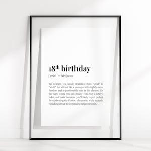18th Birthday Definition Print, Sarcastic Dictionary Poster, Funny 18th ...