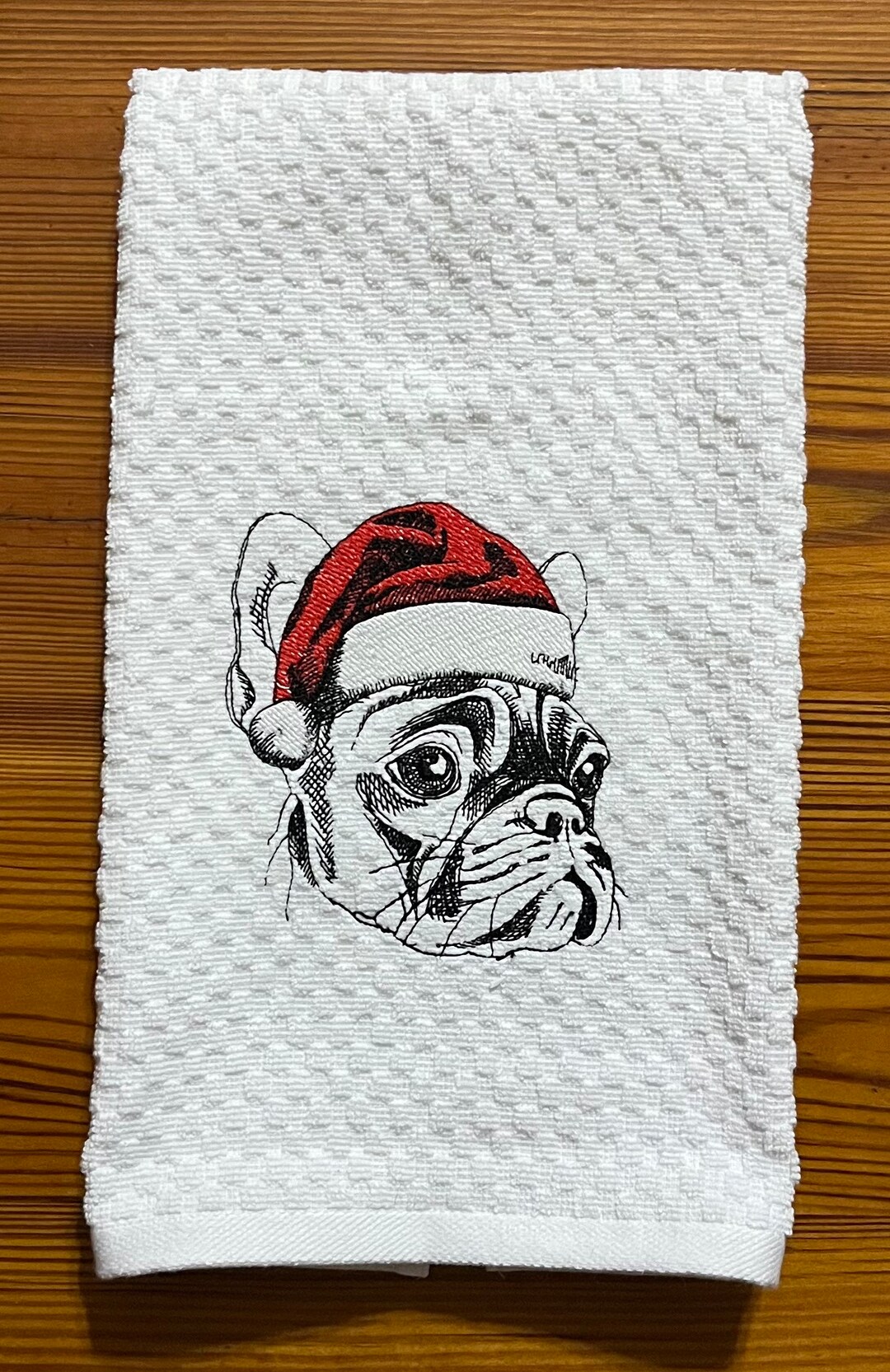 Santa French Bulldog Embroidered on Dish Towel - Etsy