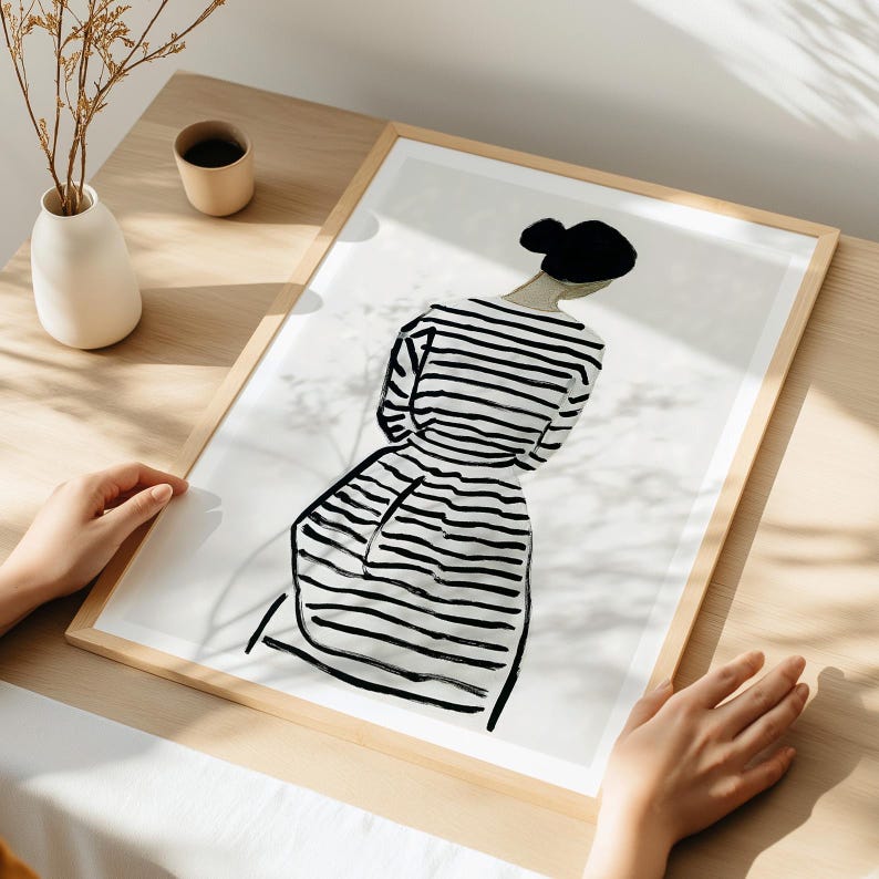 Minimalist Woman Wall Art, Black White Fashion Print, Striped Dress ...