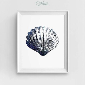 Shell Art Print, Navy Blue Shell, Shell Digital Art, Digital Ocean Art ...