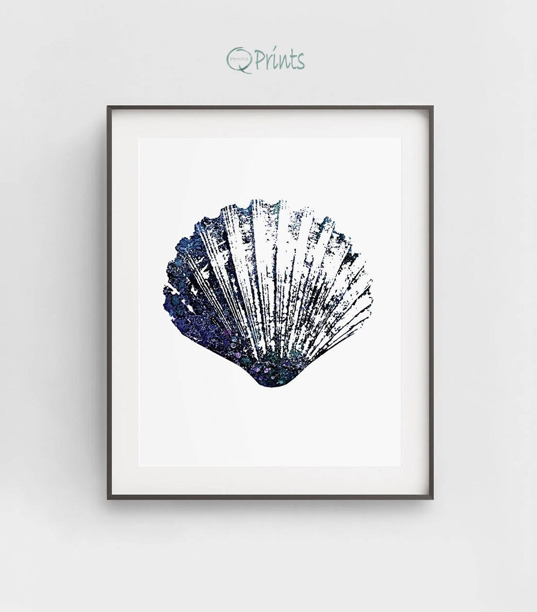 Shell Art Print, Navy Blue Shell, Shell Digital Art, Digital Ocean Art ...