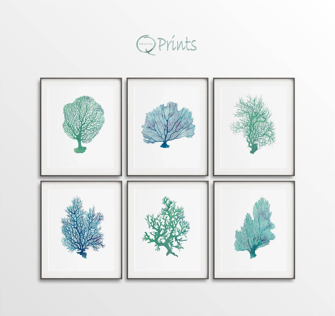 Coral Prints, Set of 6 Sea Corals, Turquoise Blue, Printable Corals ...