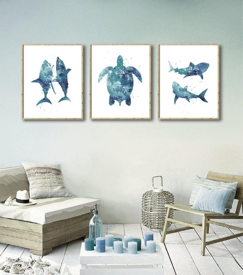 Set of 3 Prints Nautical Print Printable Shark Blue Turtle - Etsy
