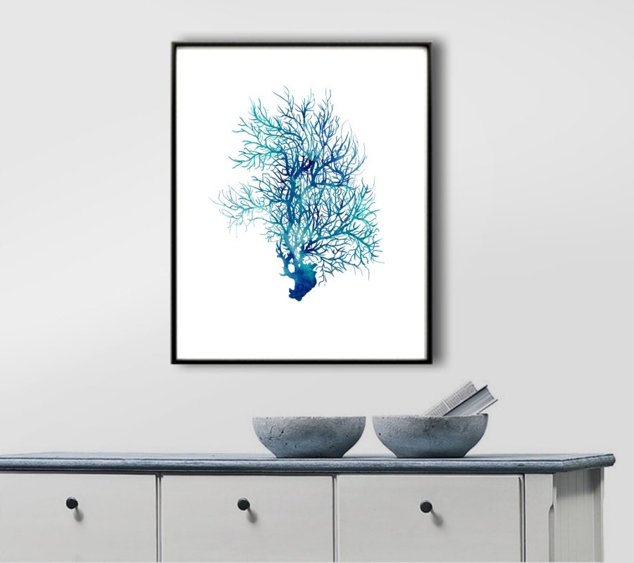 Coral Art Print, Printable Teal Coral, Digital Nautical Art, Coral ...