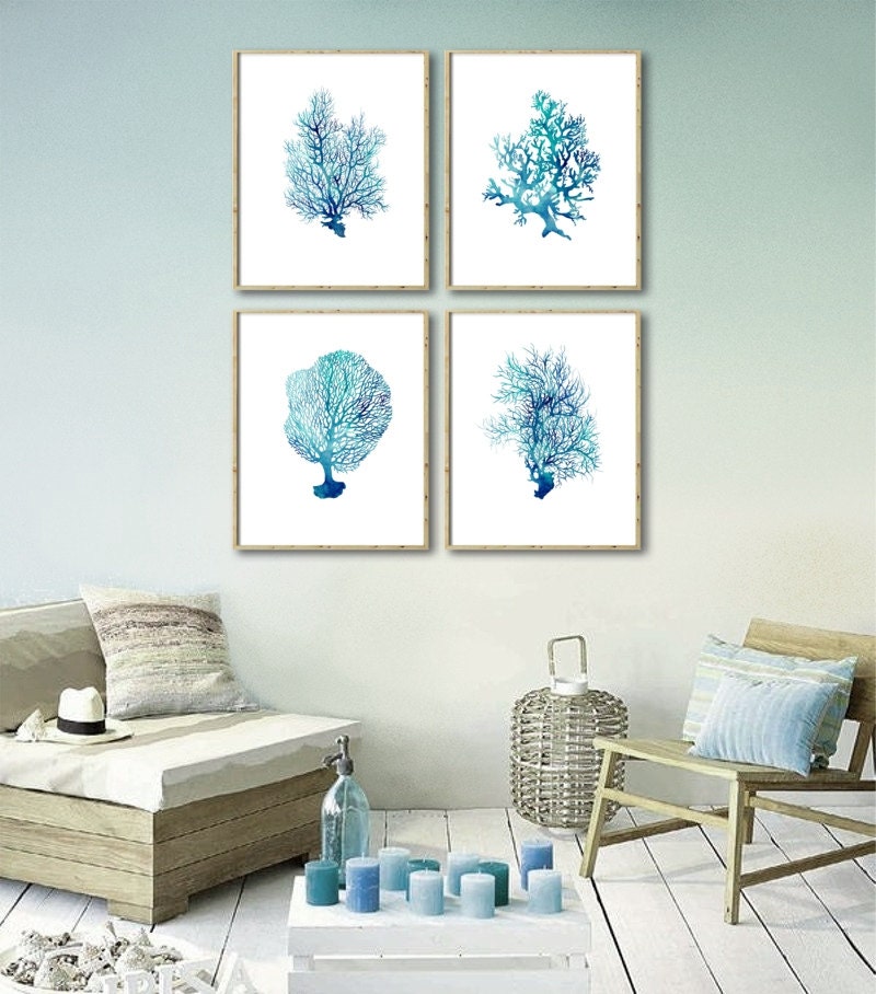 Nautical Prints, Set of 4, Digital Nautical Art, Corals Printable ...