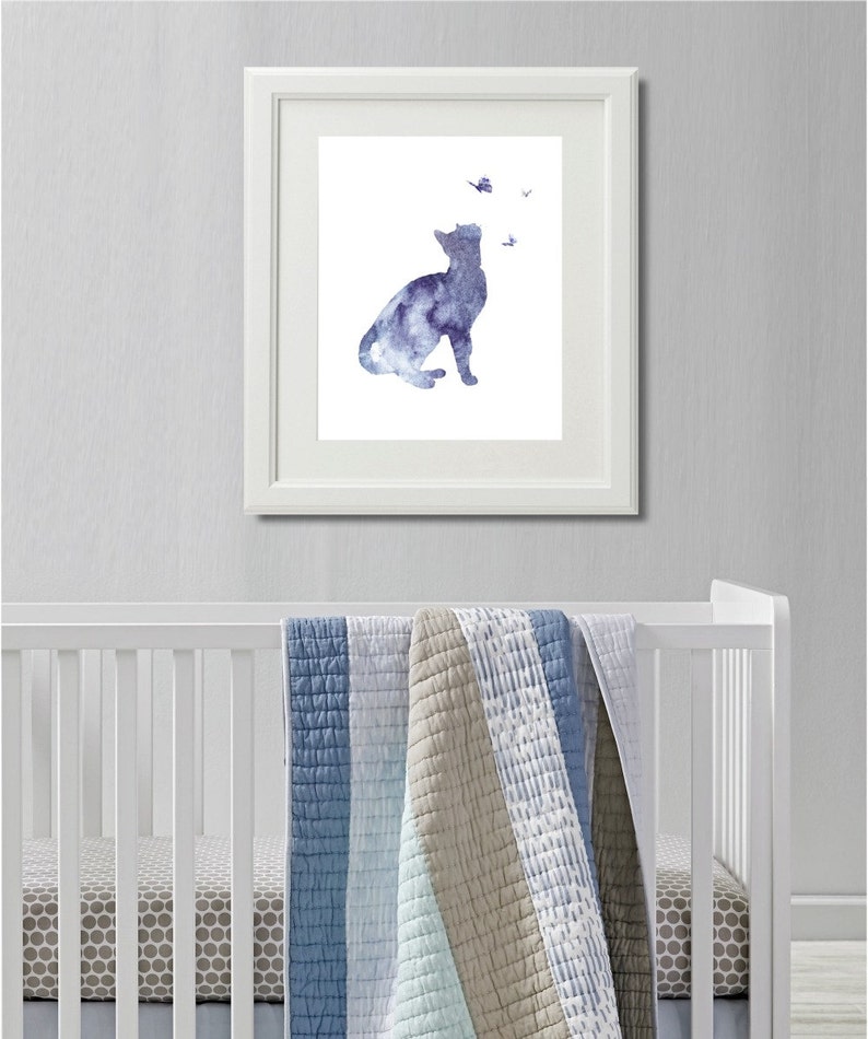 Cat Art Print Nursery Cat Art Blue Cat Baby Cat Printable - Etsy