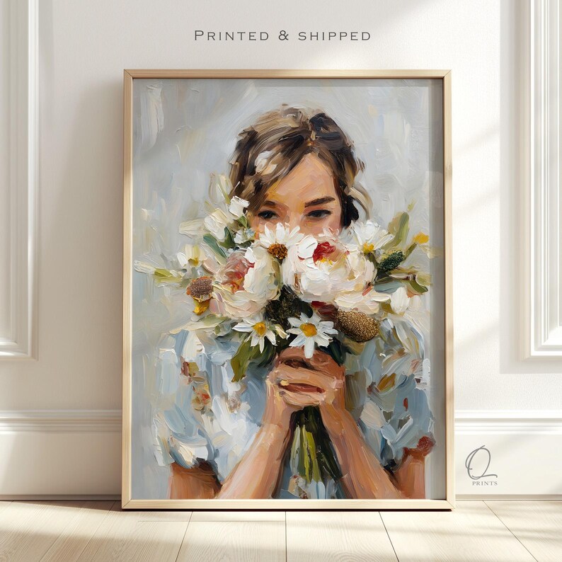 Floral Woman Wall Art, Bouquet Portrait Painting, Romantic Botanical ...
