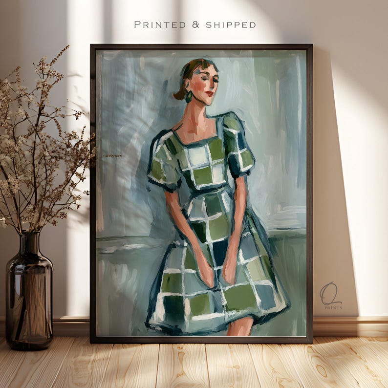 Elegant Woman Portrait Print, Green Dress Wall Art, Modern Figurative ...
