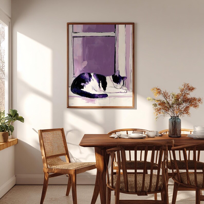 Sleeping Cat by Window, Purple Aesthetic Print, Modern Cat Art, Cozy ...