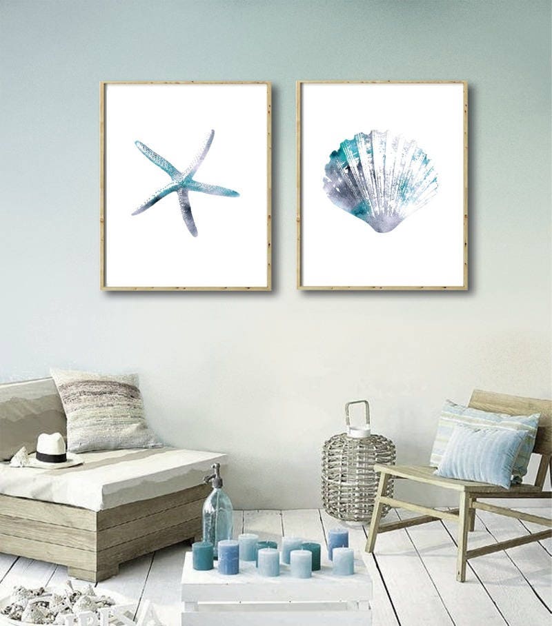 Set of 2 Prints Starfish Print Printable Shell Blue Shell - Etsy