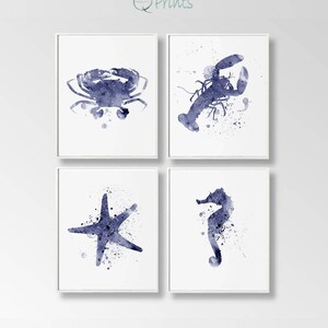 Set of 4 Nautical, Prints of Nautical, Navy Crayfish, Starfish Shell ...