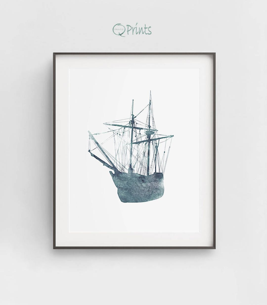Sailing Ship Print, Ship Printable, Digital Ship Art, Blue Boat Print ...