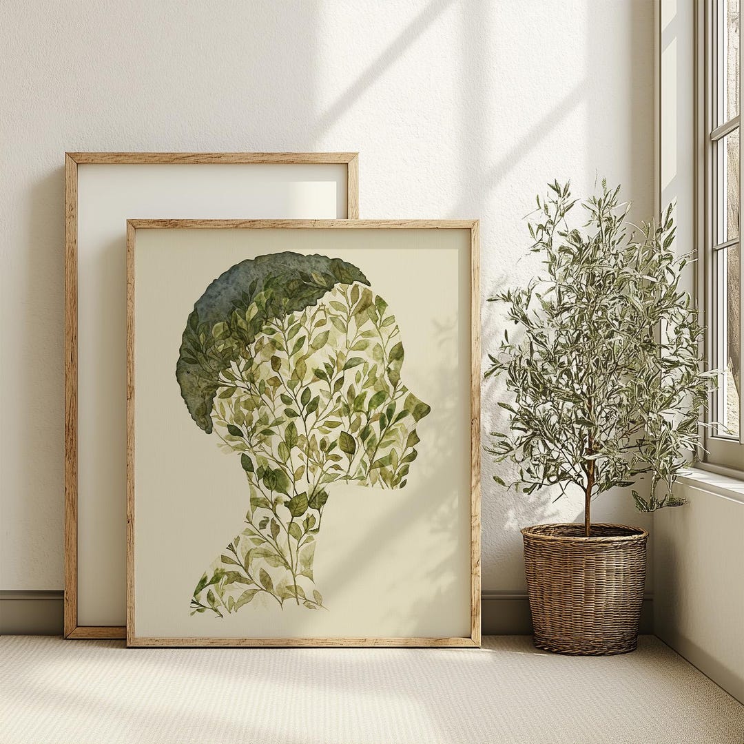 Botanical Woman Portrait Print | Minimalist Green Leaves (digital ...