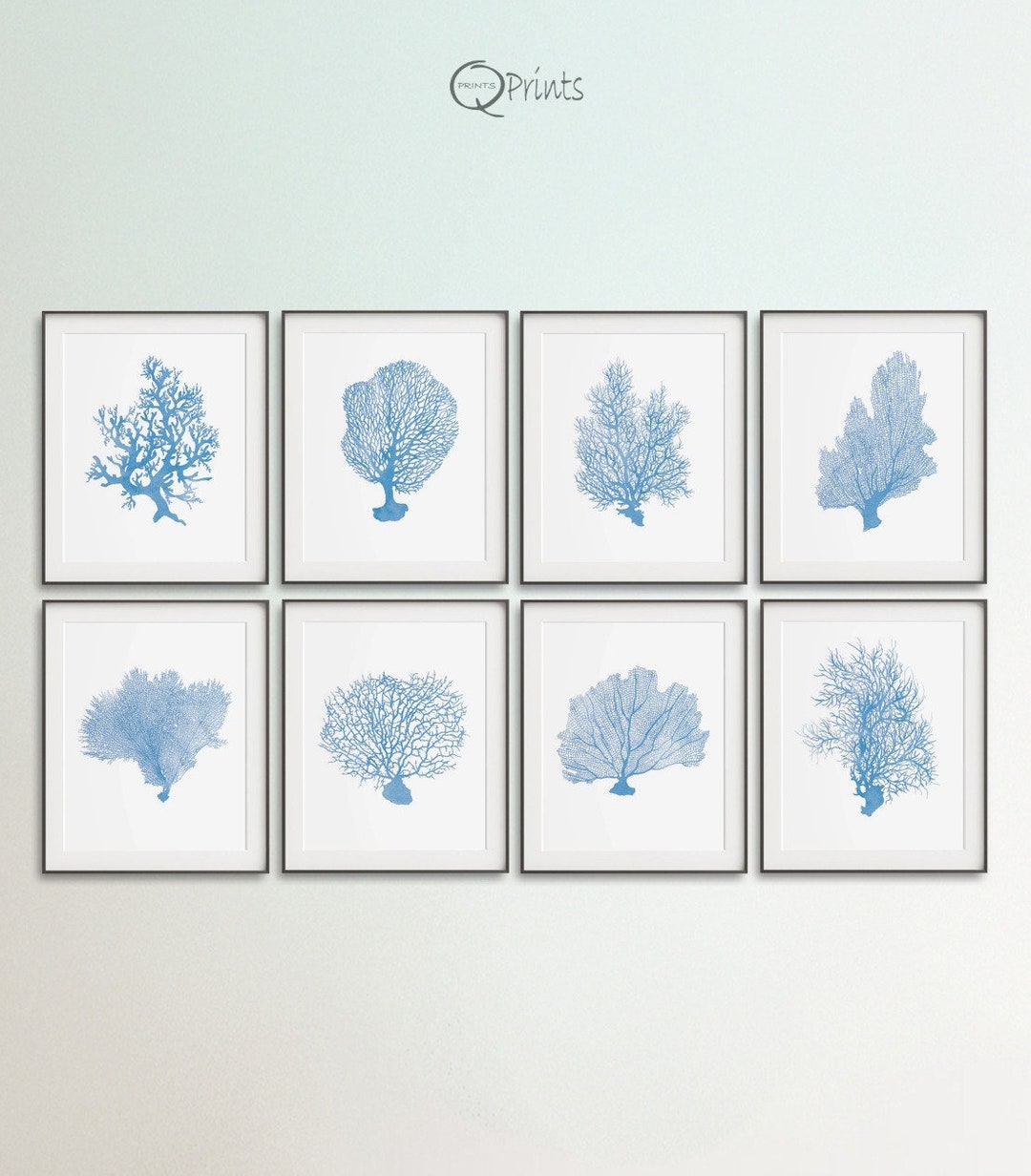 Set of 8 Prints, Coral Printables, Hamptons Style, Blue Digital Corals ...