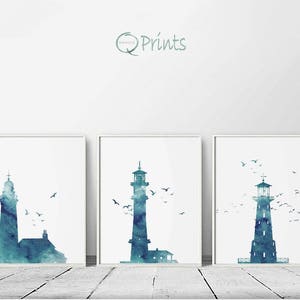 Set of 3 Prints, Lighthouse Print, Printable Beacon, Blue Nautical Art ...