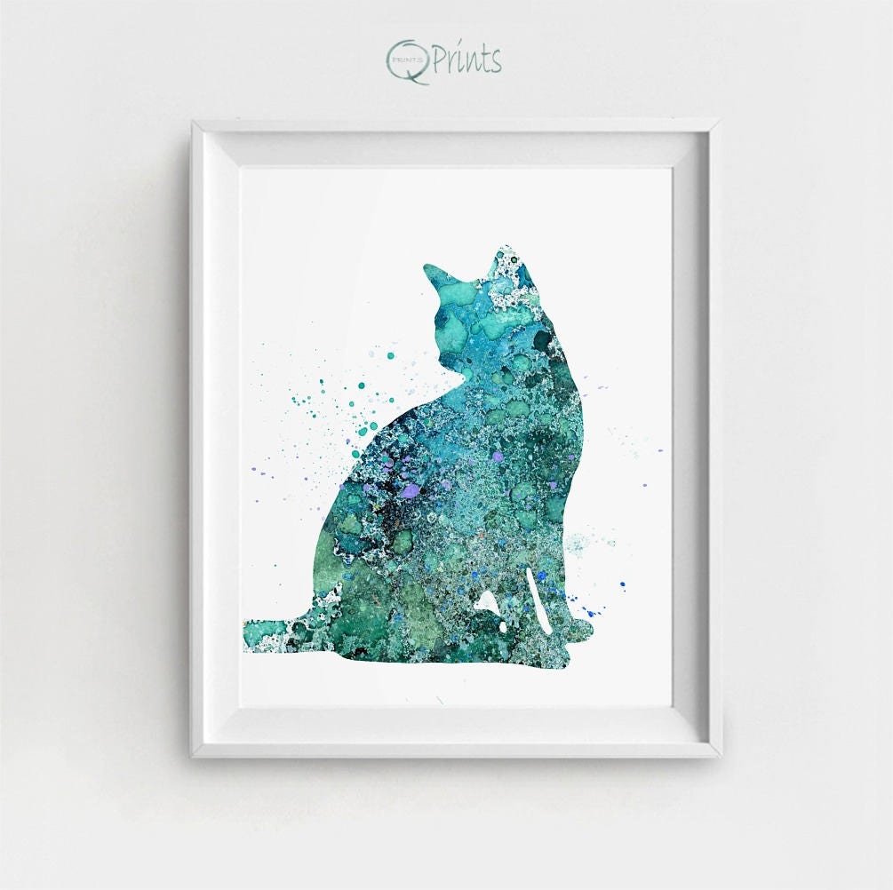 Cat Art Print Nursery Cat Art Digital Cat Blue Turquoise | Etsy