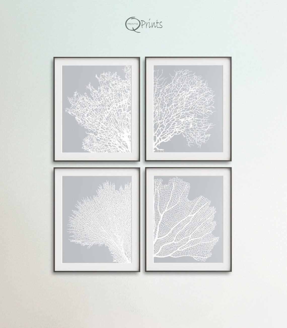 Set of Coral Prints Set of 4 Printables Grey Nautical Art | Etsy
