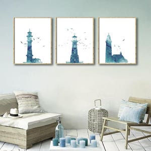 Set of 3 Prints, Lighthouse Print, Printable Beacon, Blue Nautical Art ...