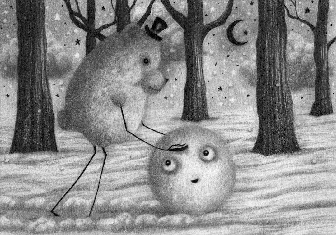 Cute Christmas Snowball Drawing Whimsical Christmas Art - Etsy