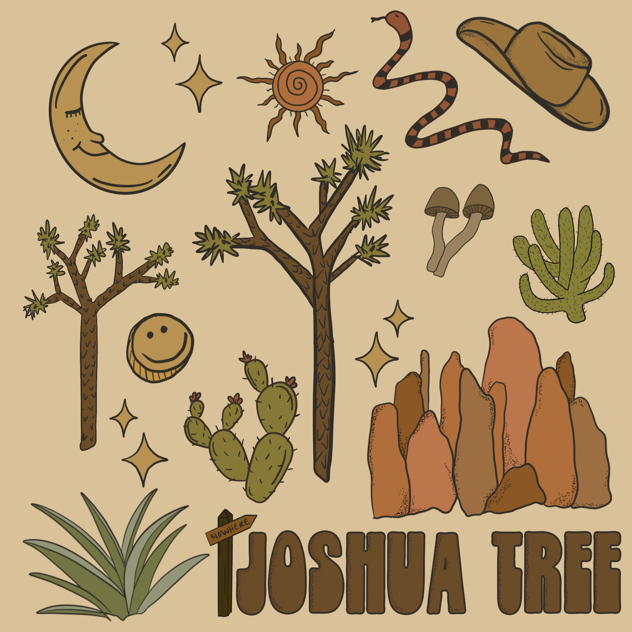 Joshua Tree Desert Hand Drawn Design Elements Retro Vintage Hippie PNG ...