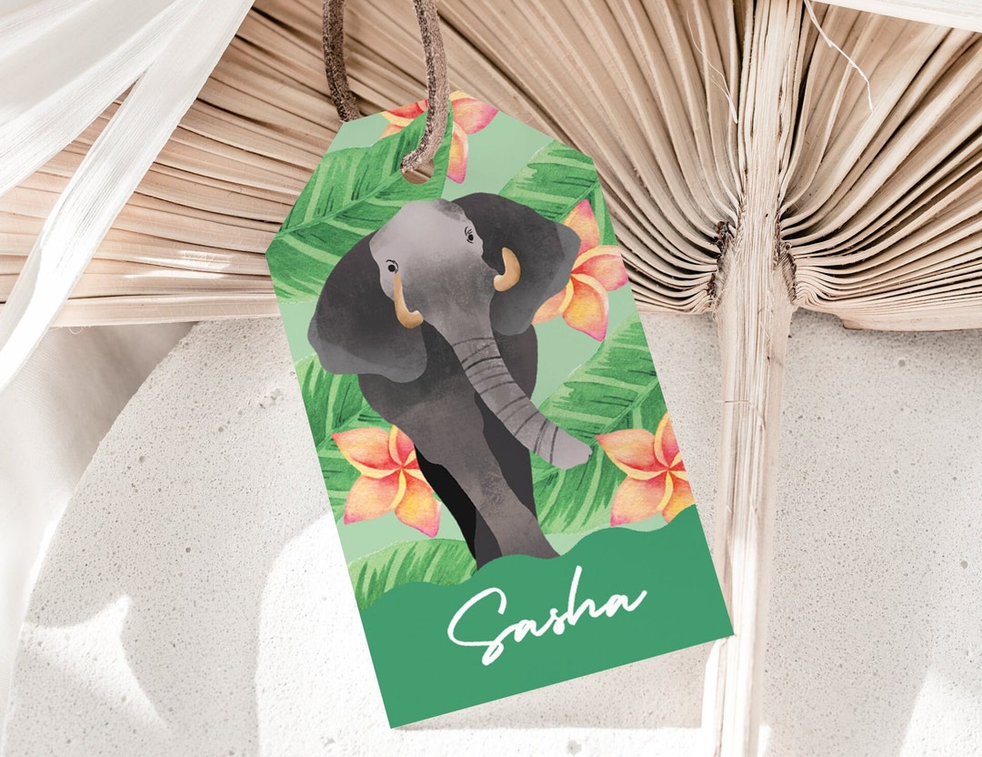 Printable Gift Tags // Green Tropical Elephant // Customizable Names ...