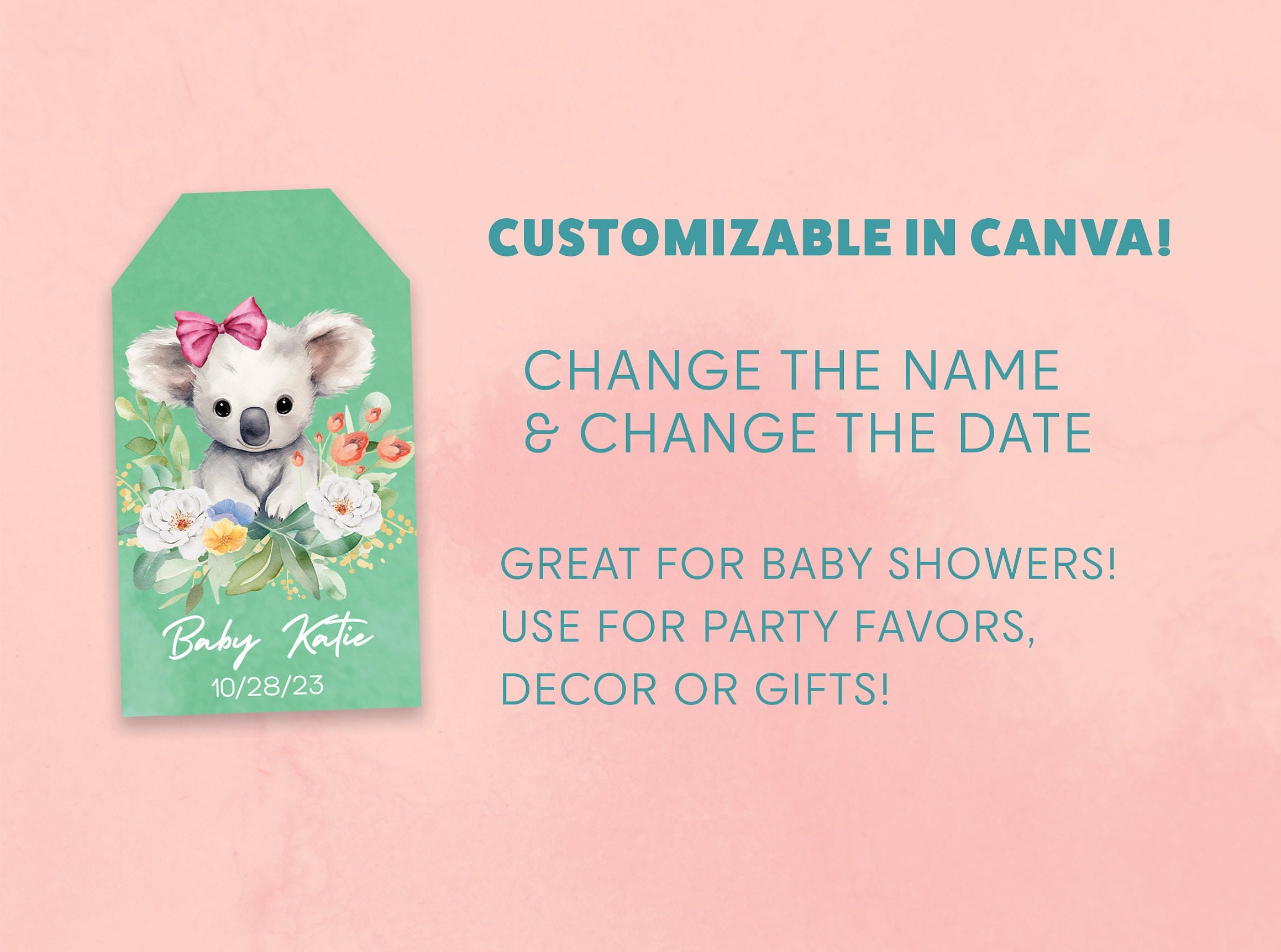 Printable Baby Gift Tags Koala & Flowers Baby Shower Customizable Name ...