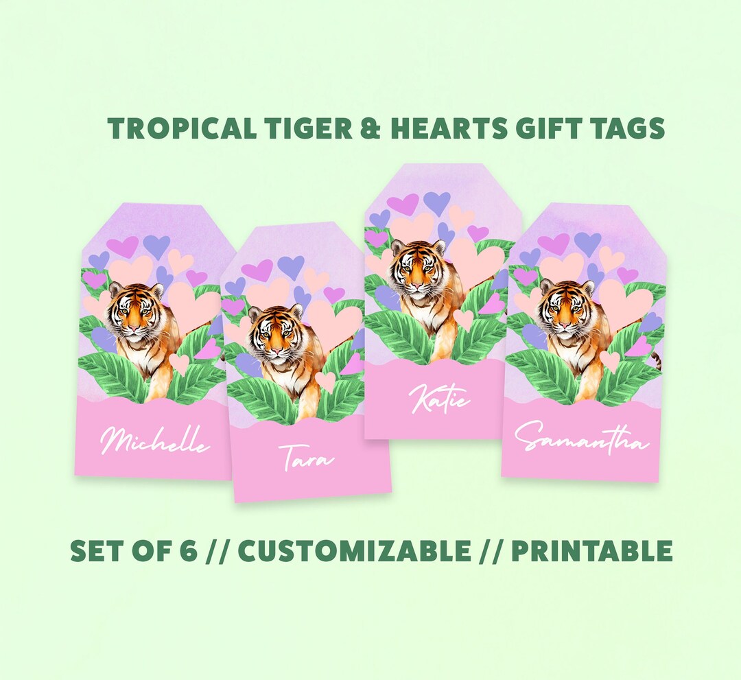 Printable Gift Name Tags // Tropical Tiger & Hearts // Customizable ...