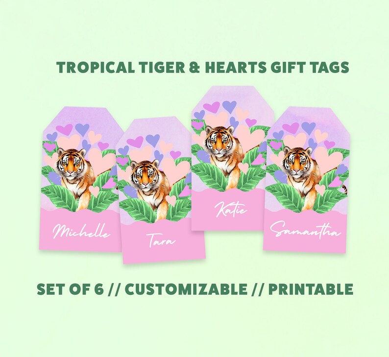 Printable Gift Name Tags // Tropical Tiger & Hearts // Customizable ...