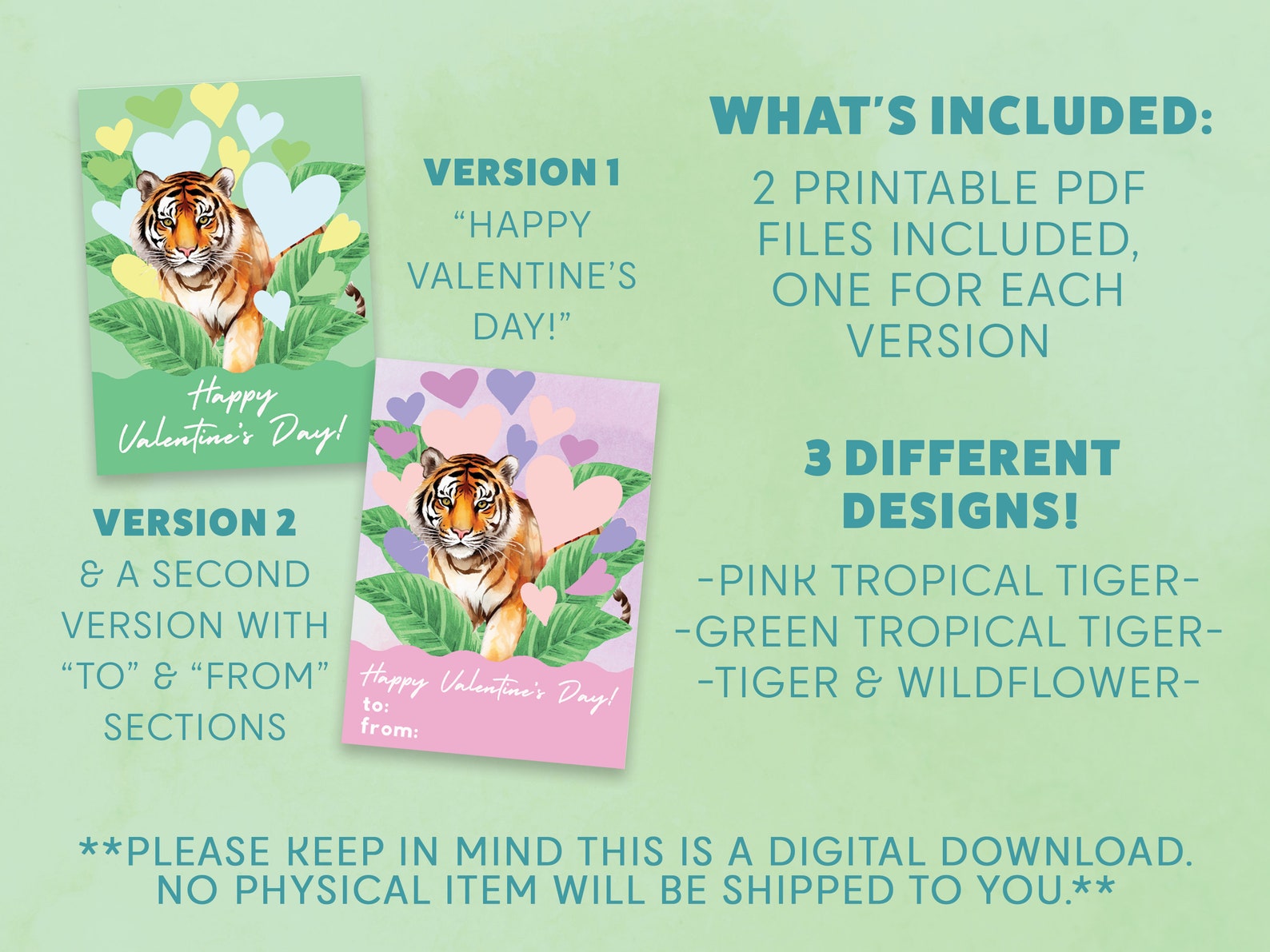 Bundle Printable Valentine Cards // Tropical Tiger & Wildflower // Gift ...