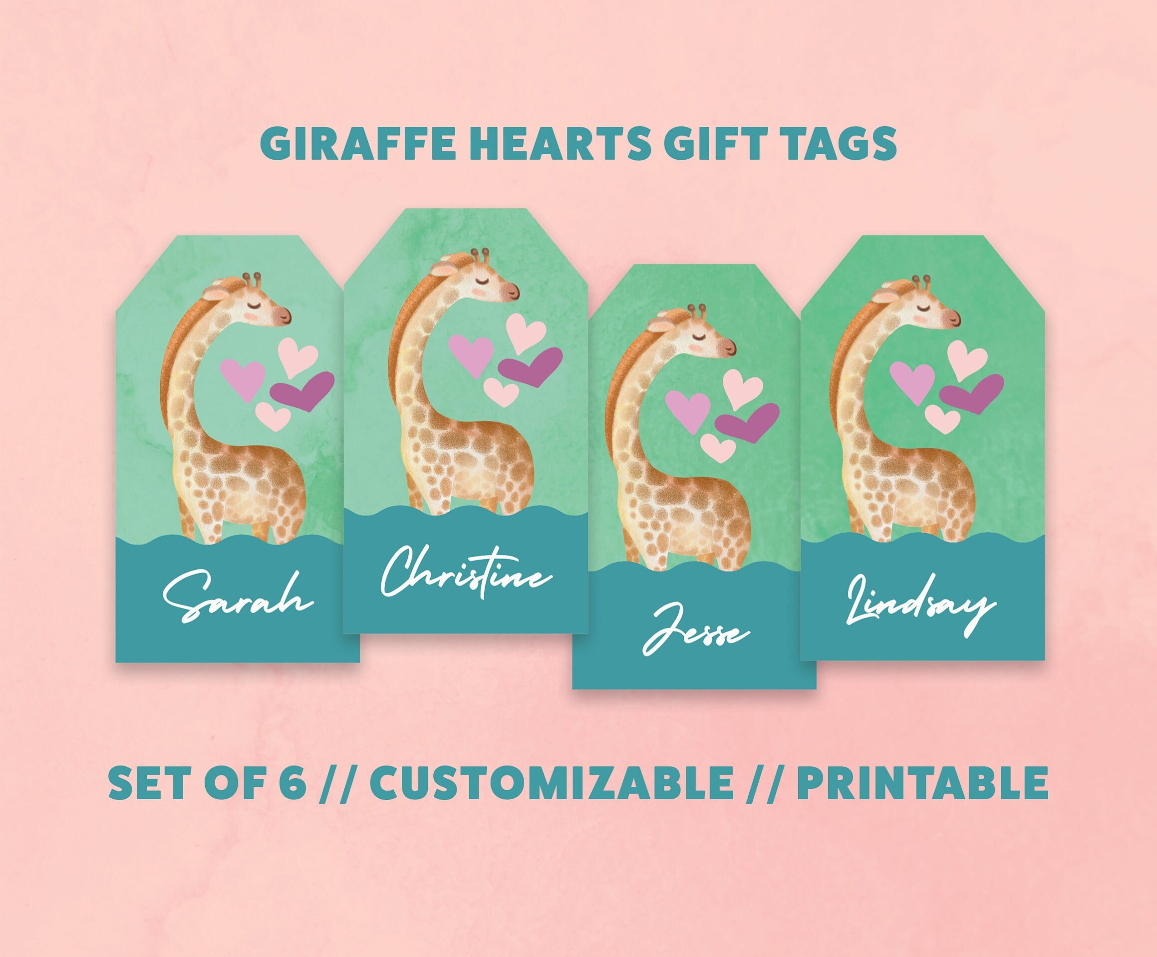 Printable Gift Name Tags // Giraffe Hearts // Customizable Valentine ...