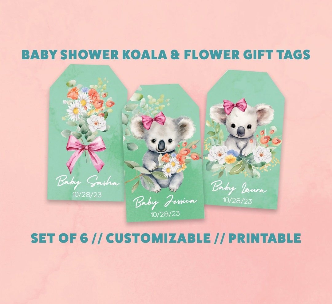 Printable Baby Gift Tags Koala & Flowers Baby Shower Customizable Name ...