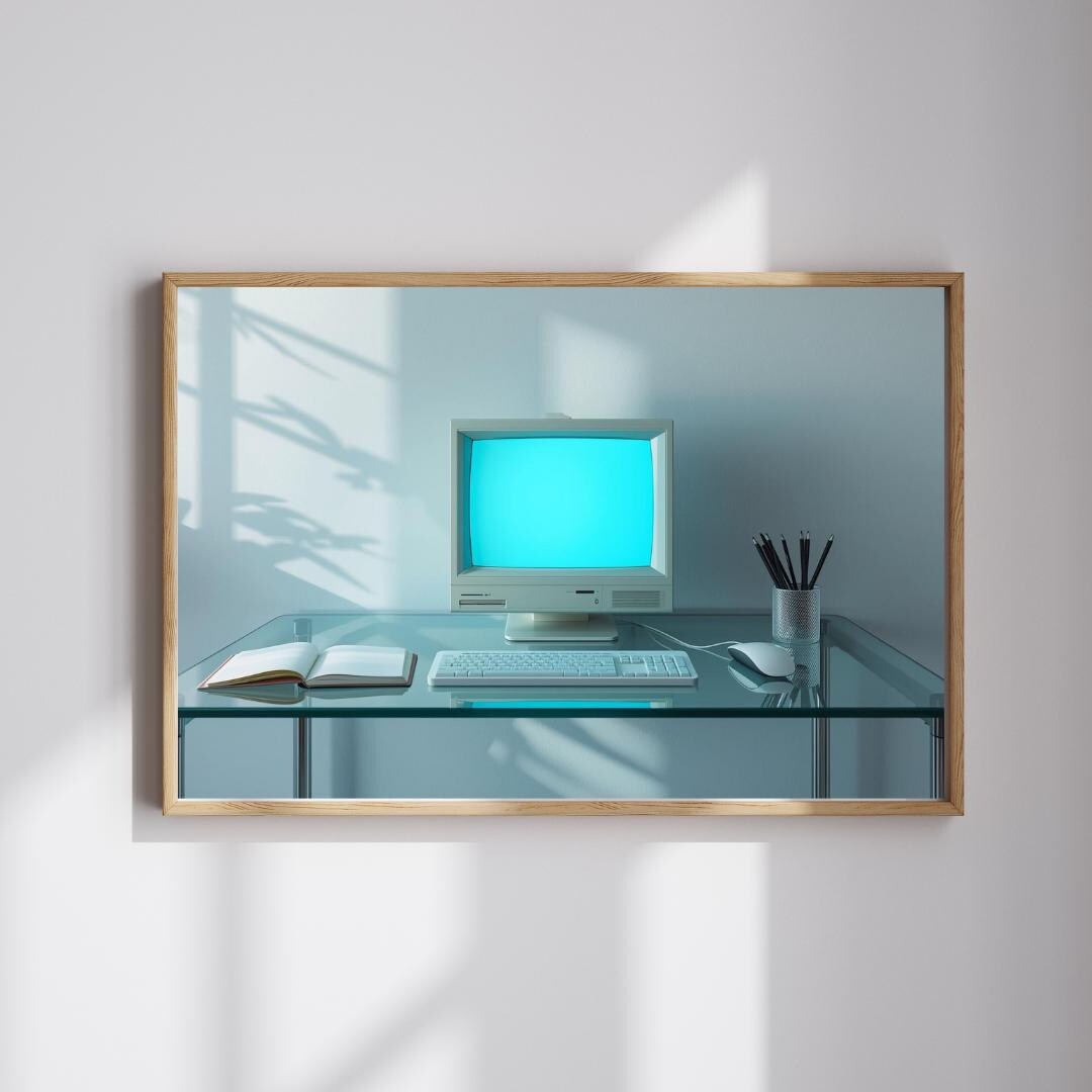 Y2K Glass Desk Glow — Retro Tech Minimalism Print - Etsy