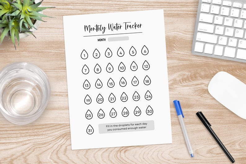 Monthly Water Tracker, Water Intake Log, Lifestyle Worksheet, PDF ...