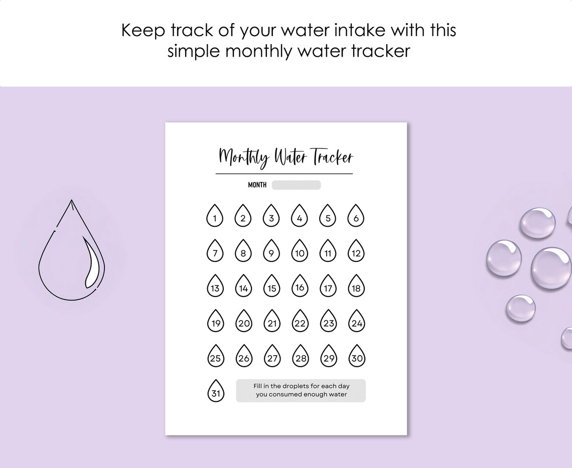 Monthly Water Tracker, Water Intake Log, Lifestyle Worksheet, PDF ...
