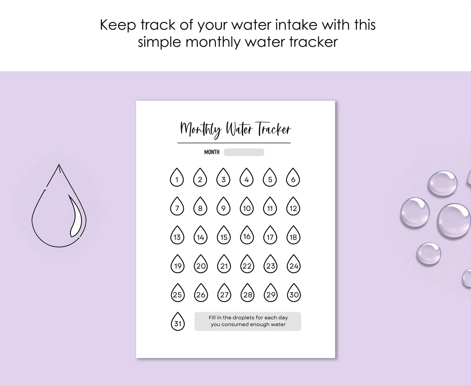 Monthly Water Tracker, Water Intake Log, Lifestyle Worksheet, PDF ...