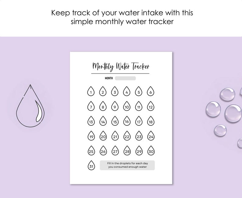 Monthly Water Tracker, Water Intake Log, Lifestyle Worksheet, PDF ...